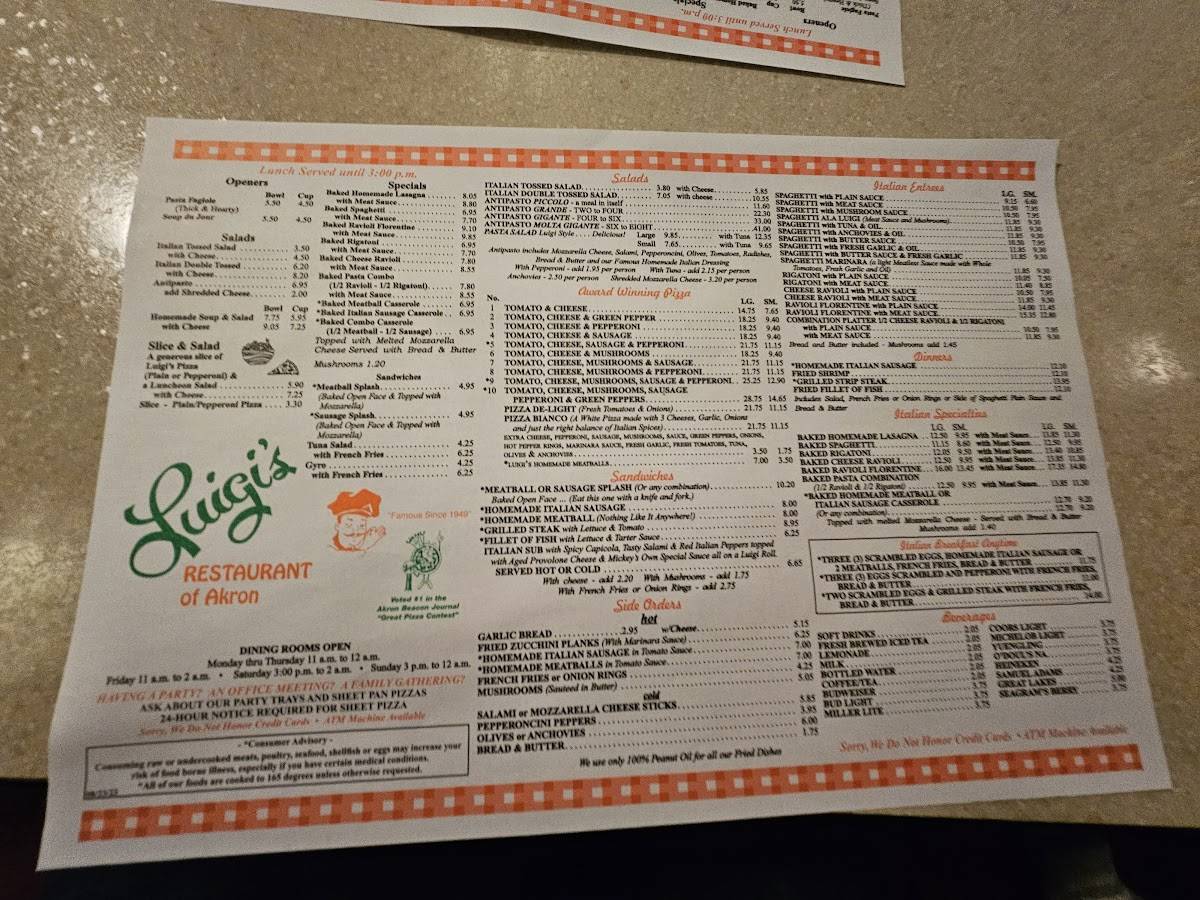 Menu at Luigi's Restaurant, Akron