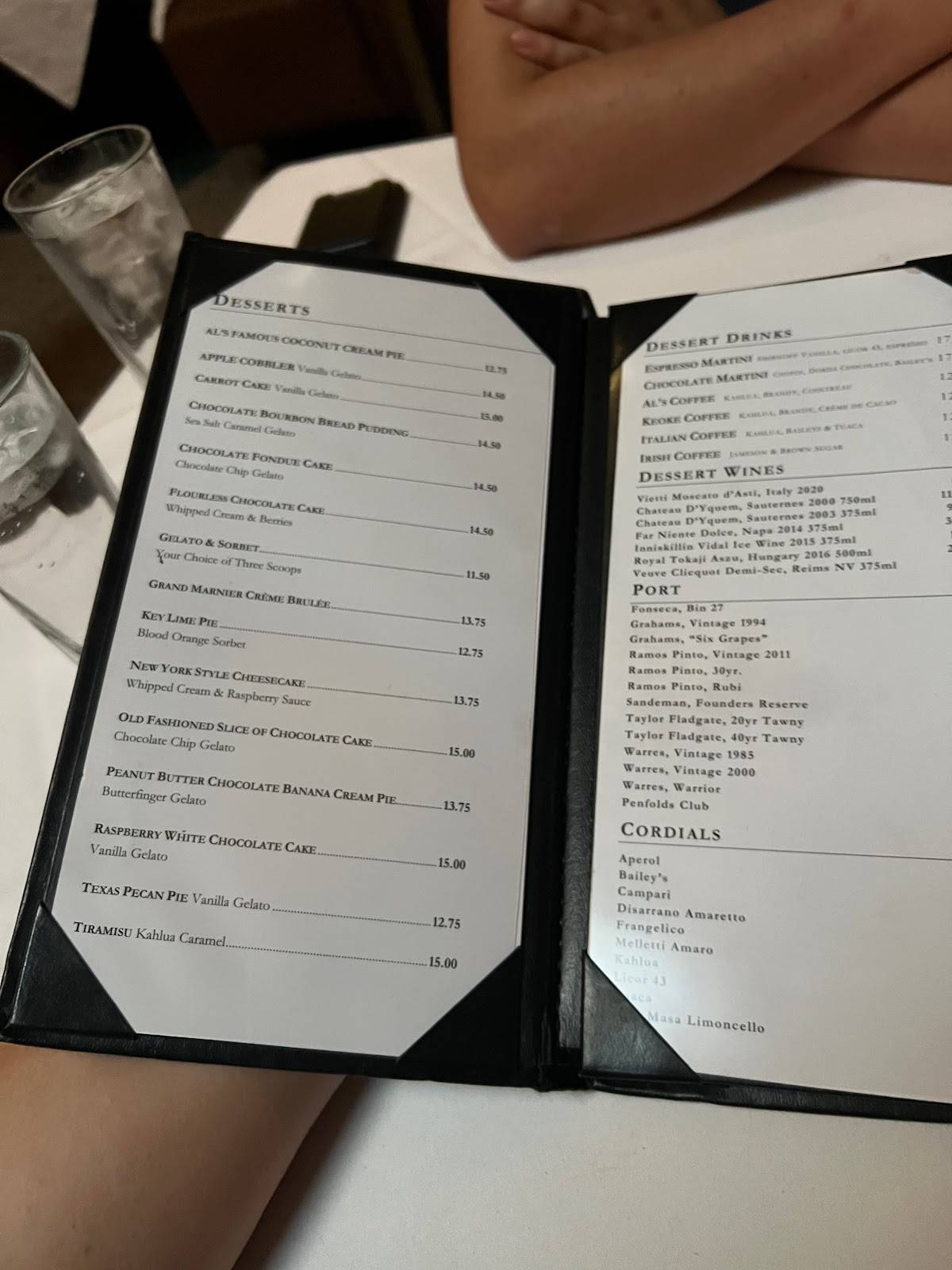 Menu at Al Biernat's steakhouse, Dallas