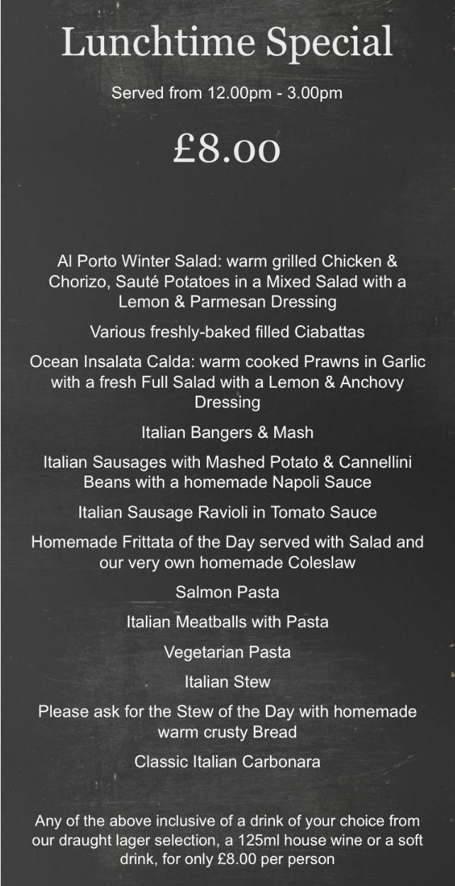 Menu at Al Porto Italian Restaurant, Hull