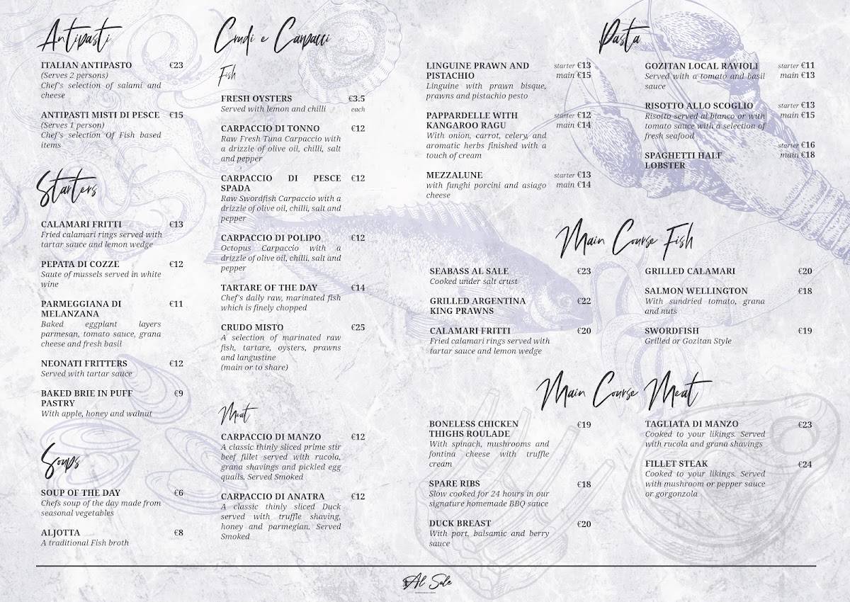 Menu at Al Sale Restaurant, Xagħra