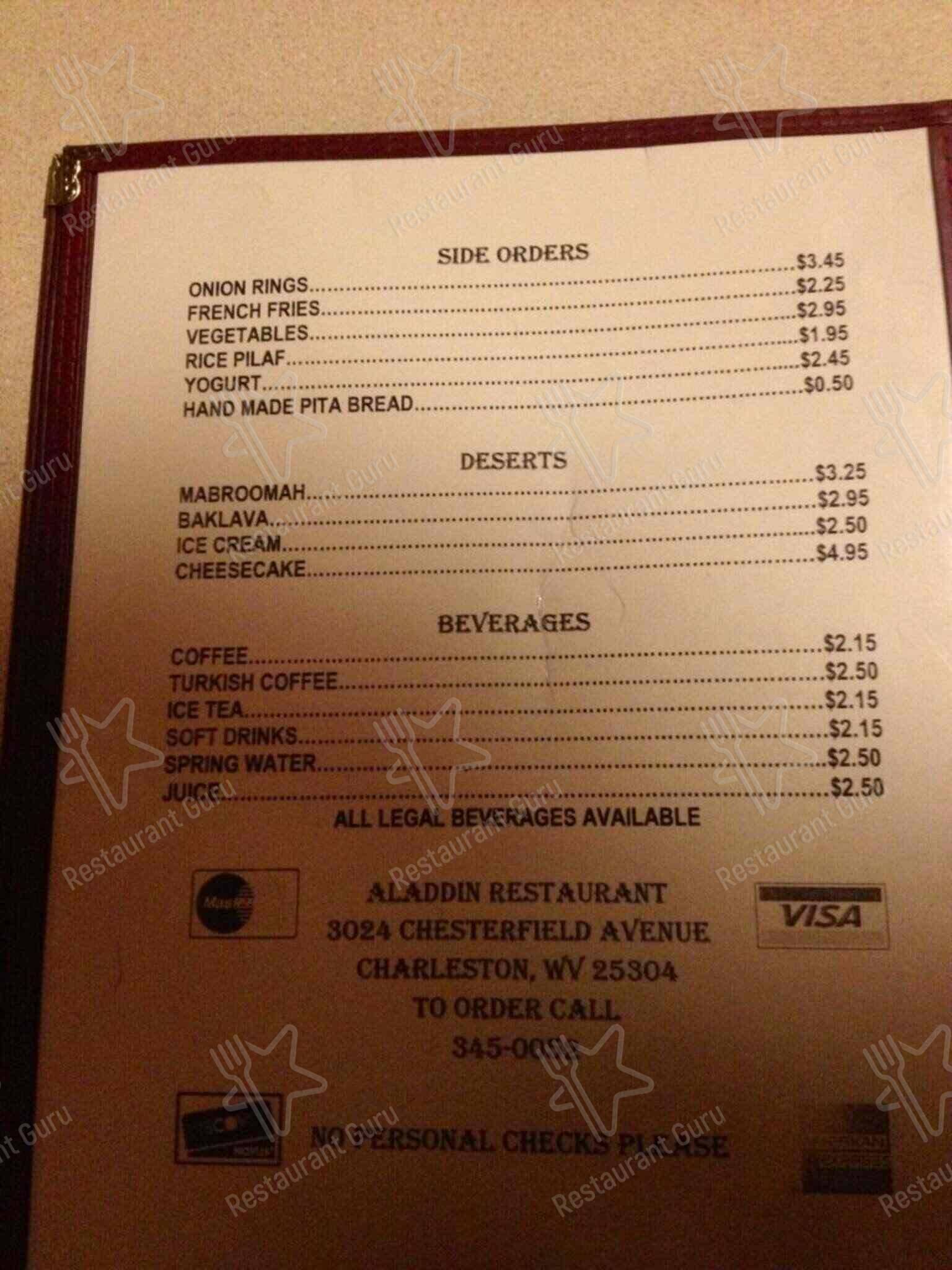 Menu at Aladdin Restaurant, Charleston