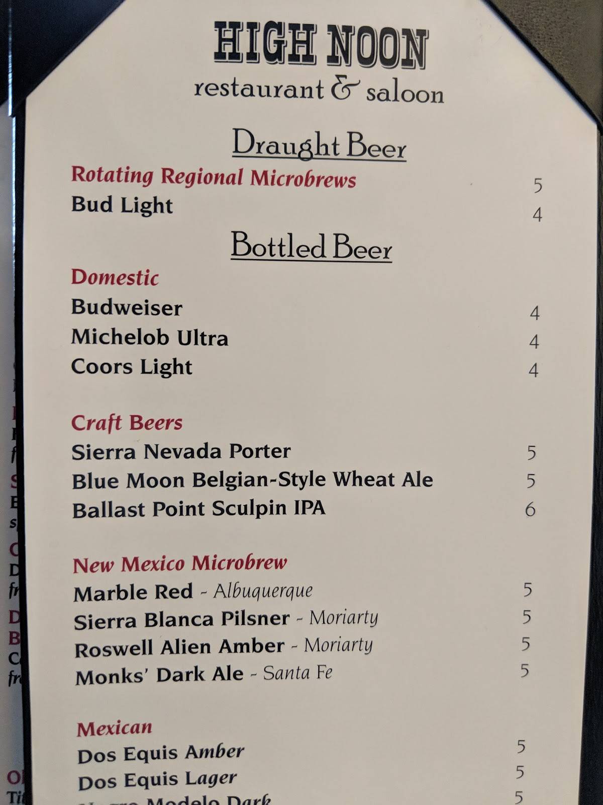 Menu at High Noon Restaurant & Saloon, Albuquerque