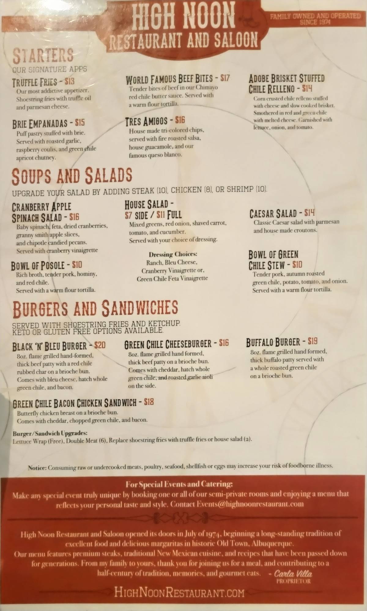 Menu at High Noon Restaurant & Saloon, Albuquerque