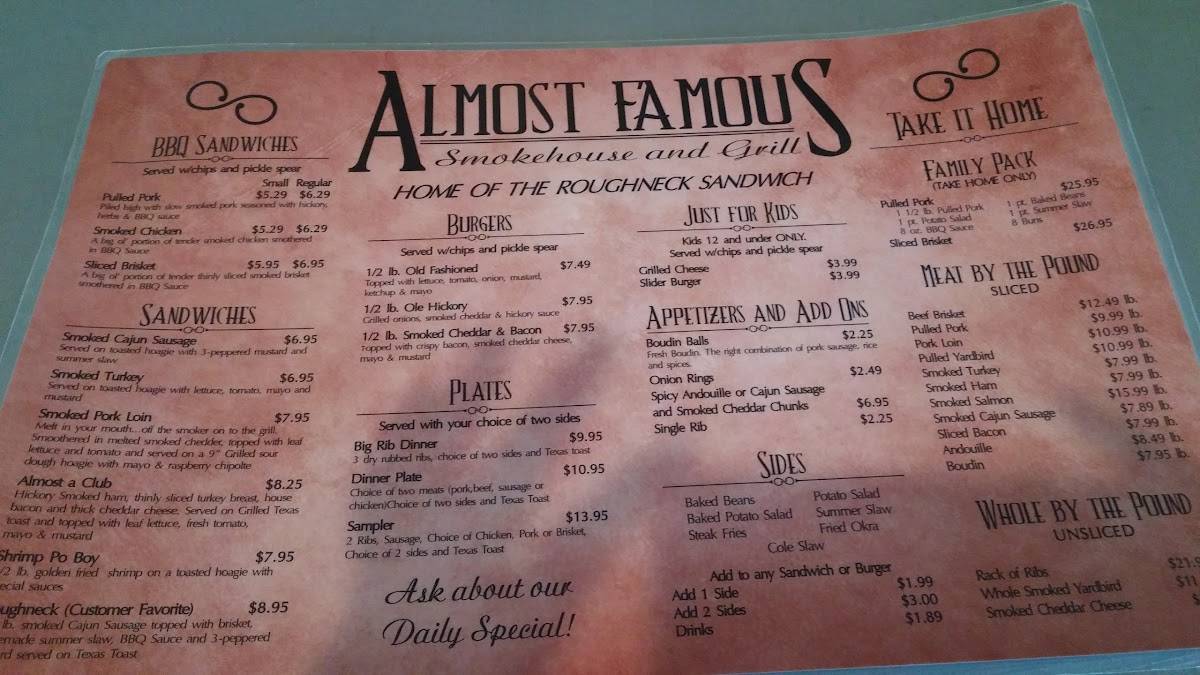 Menu at Almost Famous Smokehouse & Grill BBQ, Conway