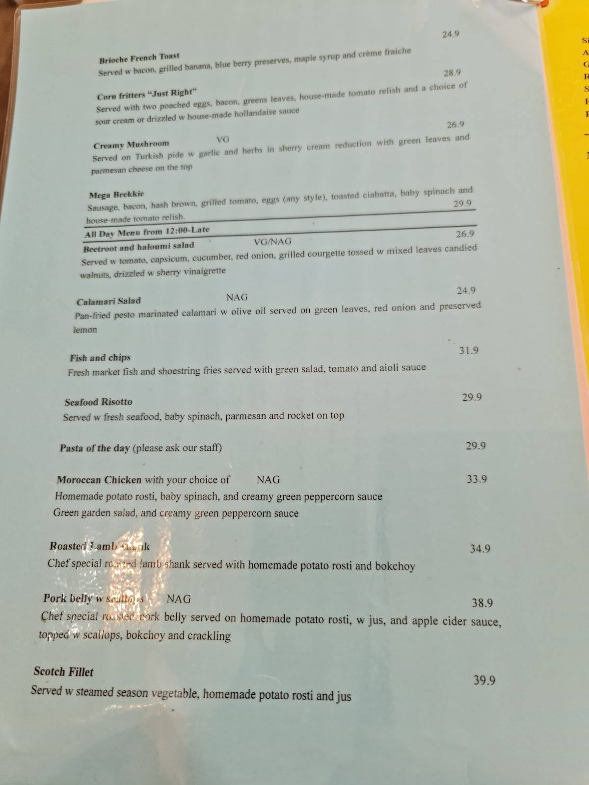 Menu at Altar cafe, Auckland