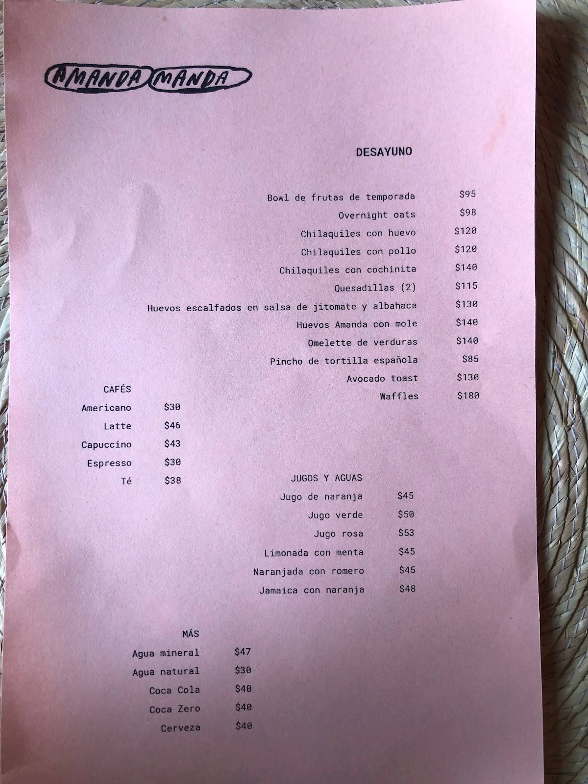 Carta del restaurante Amanda Manda, Ciudad del México