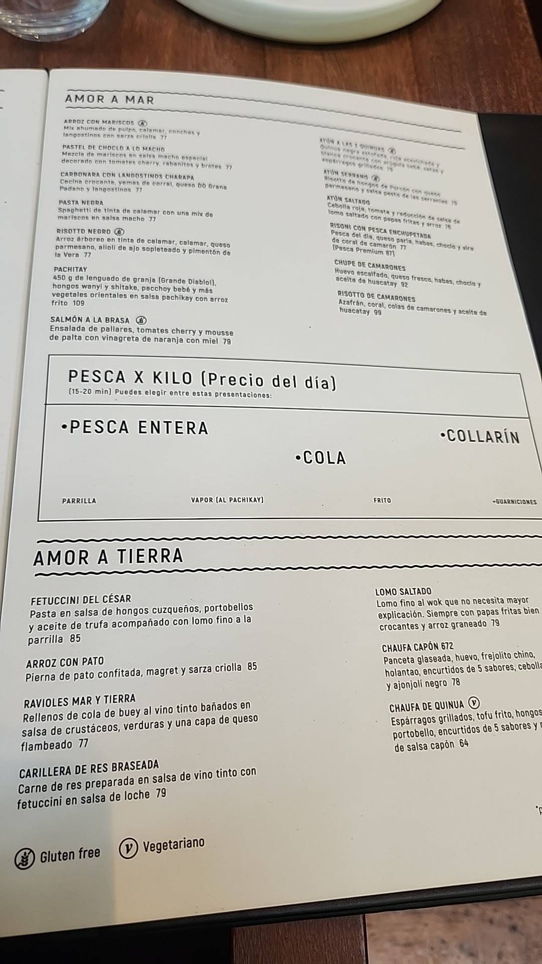 Carta del restaurante Amoramar, Lima