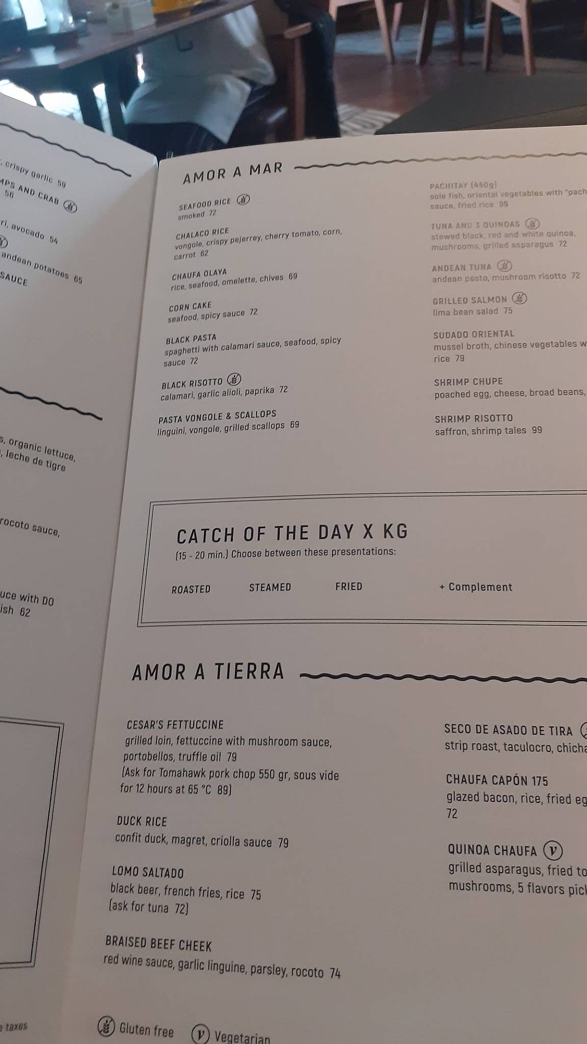 Carta del restaurante Amoramar, Lima