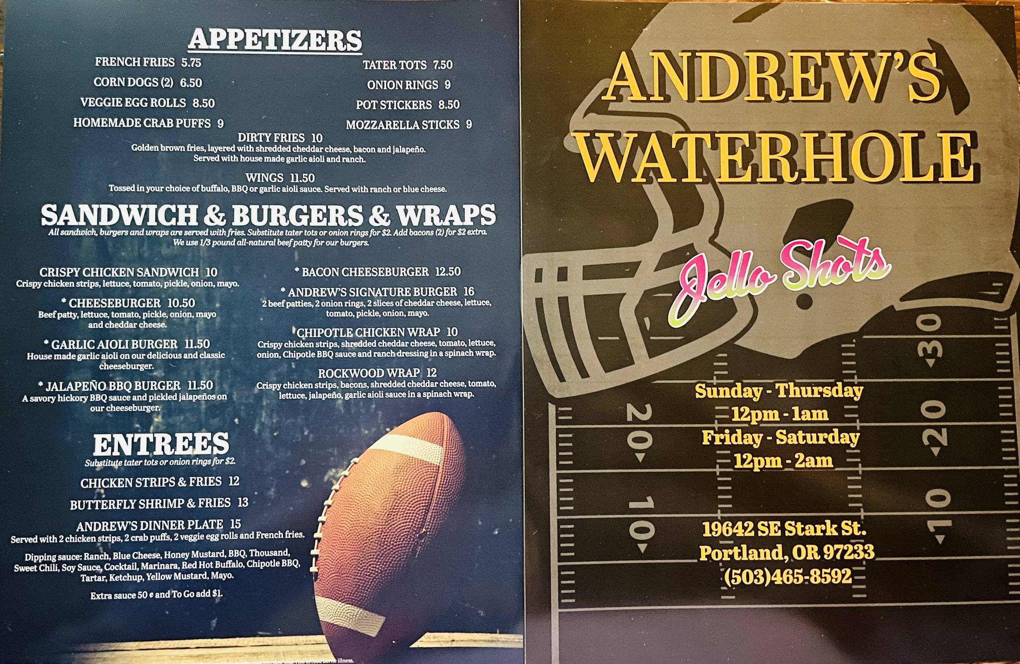 Menu at Andrew's Waterhole Sports Bar & Grill, Portland