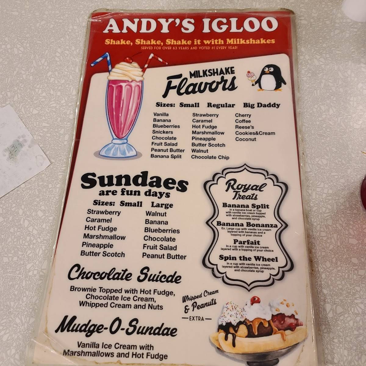 Menu at Andy's igloo Drive-In Restaurant, Winter Haven