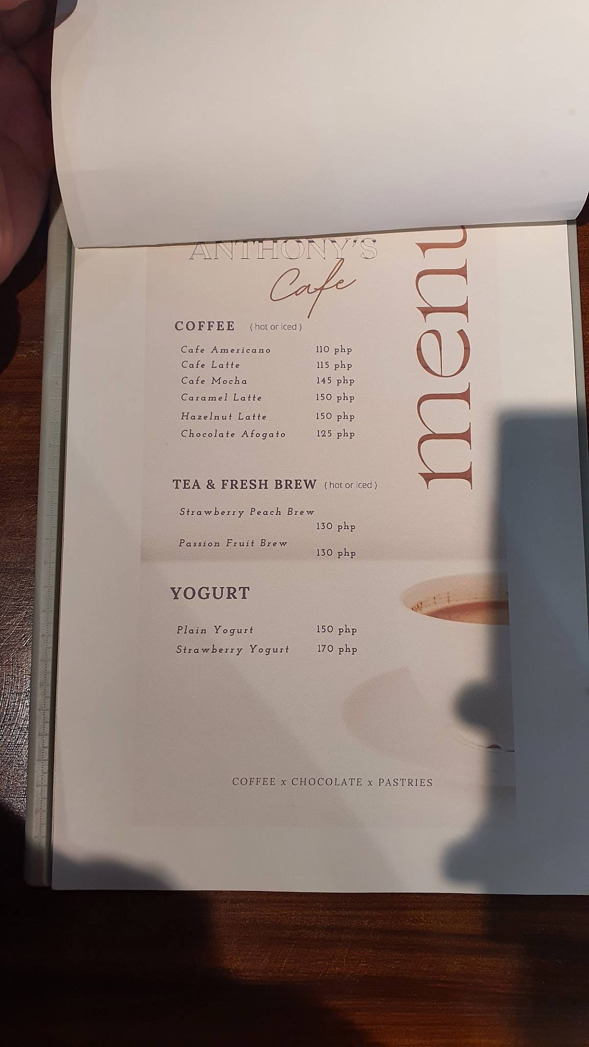 Menu at Anthony’s Cafe, Cebu City