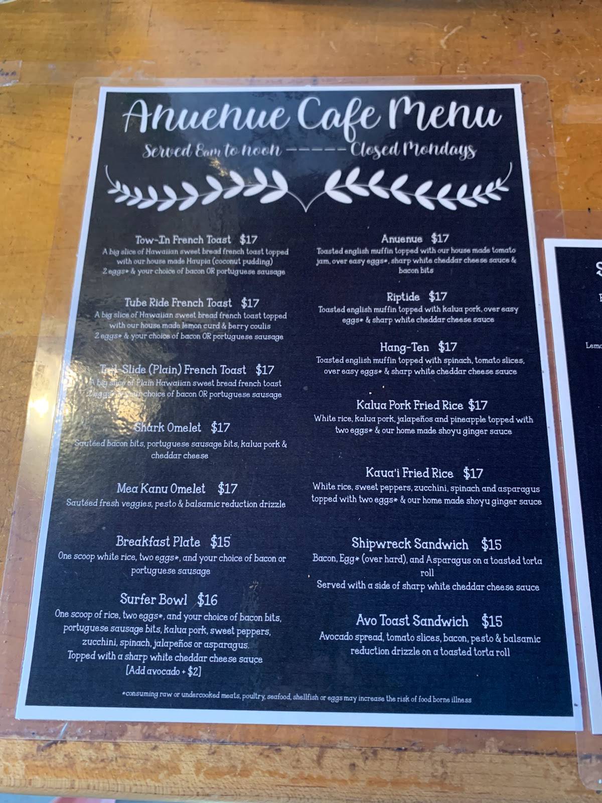 Menu at Anuenue Cafe, Koloa