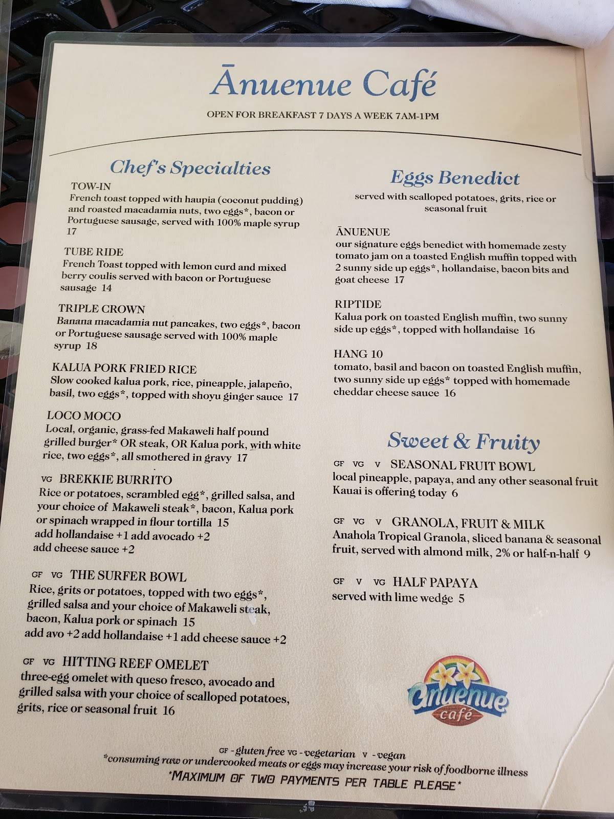 Menu at Anuenue Cafe, Koloa
