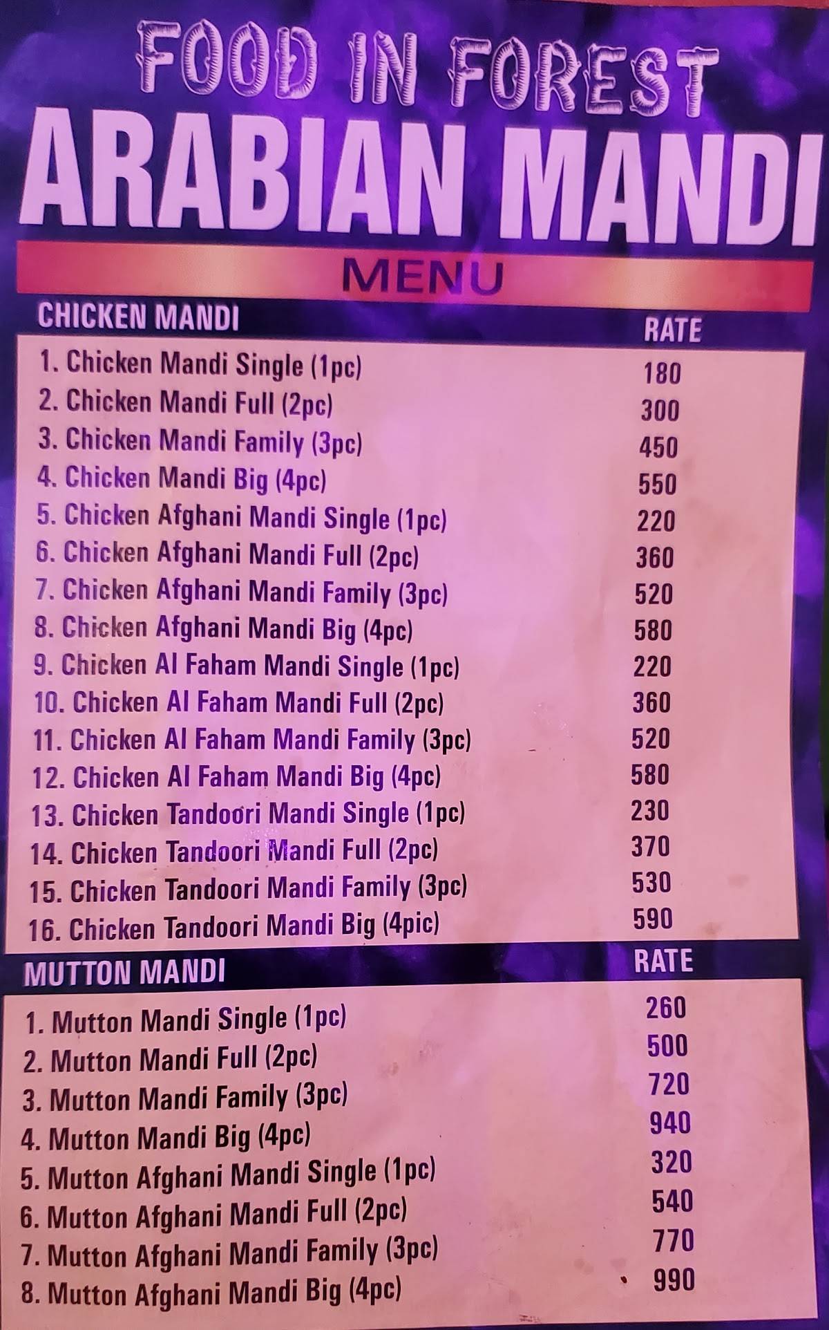 Menu at Arabian Mandi Nizampet, Hyderabad