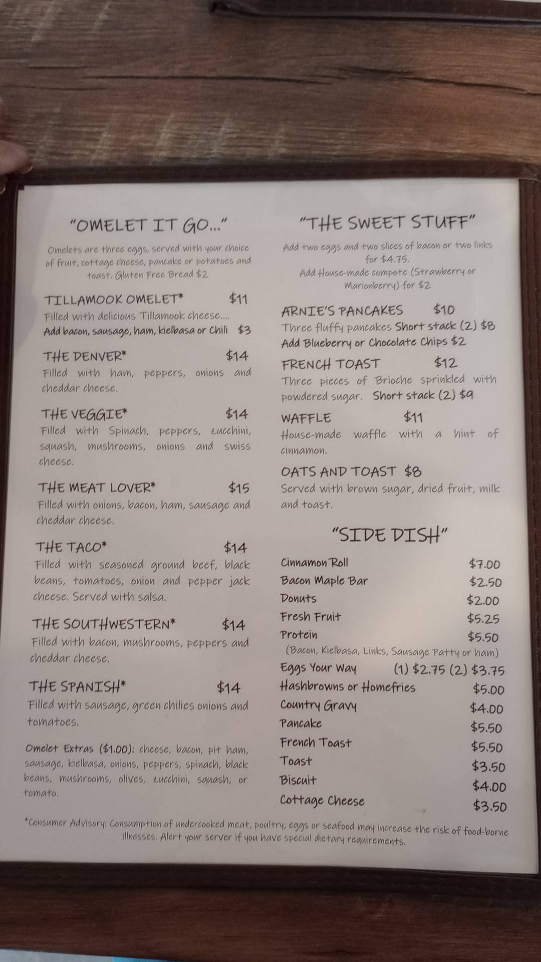 Menu at Arnie's Cafe, Warrenton