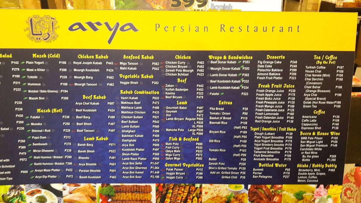 Menu at Arya - Manila - L1 & L2 Robinsons Place Ermita - (Persian ...