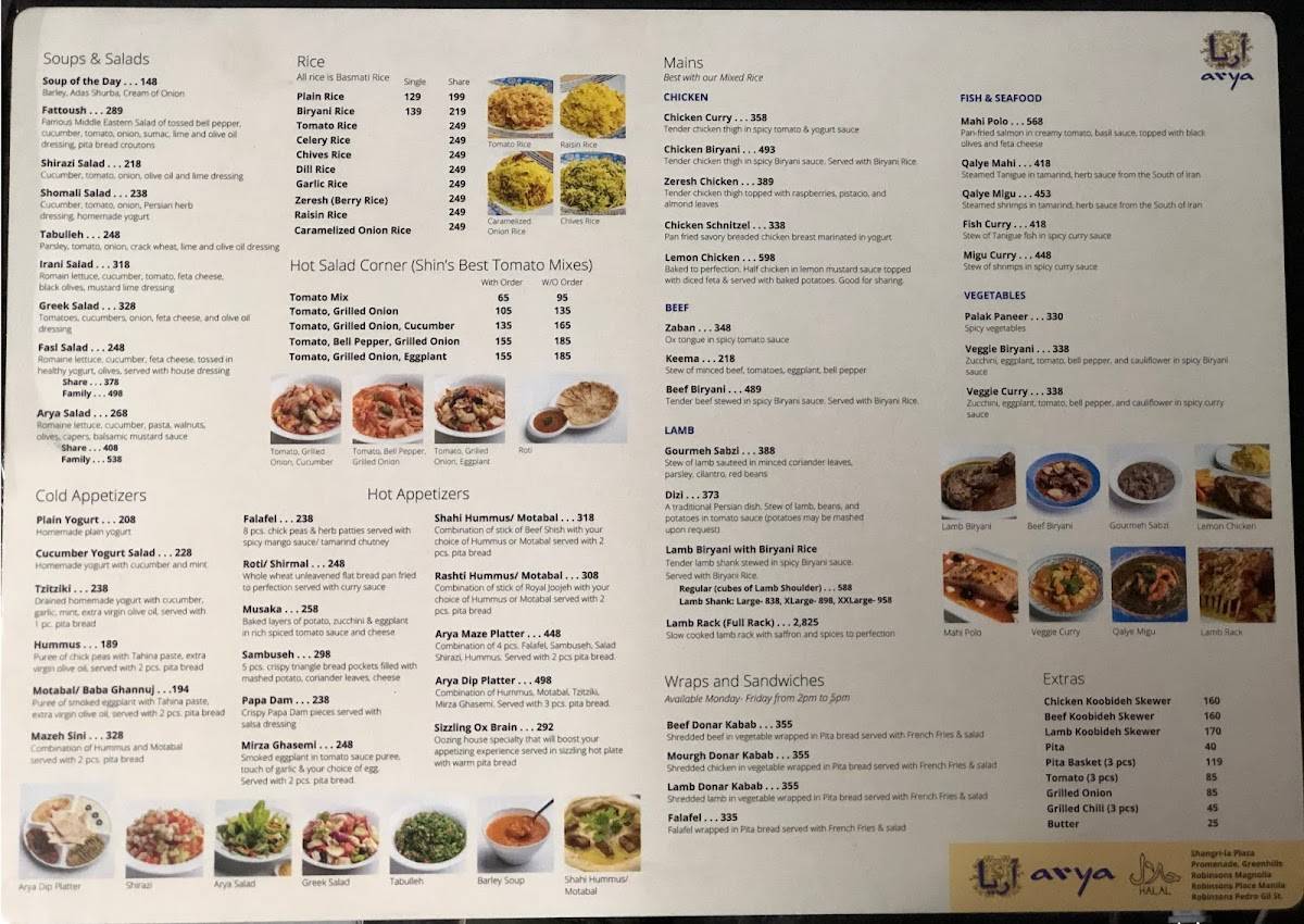 Menu at Arya - Manila - L1 & L2 Robinsons Place Ermita - (Persian ...