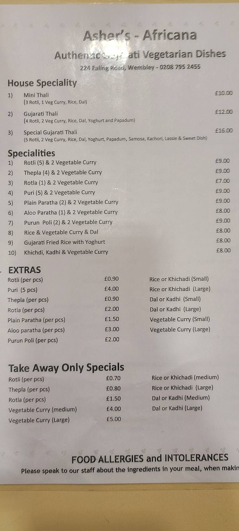 Menu at Asher's Africana Restaurant, Wembley