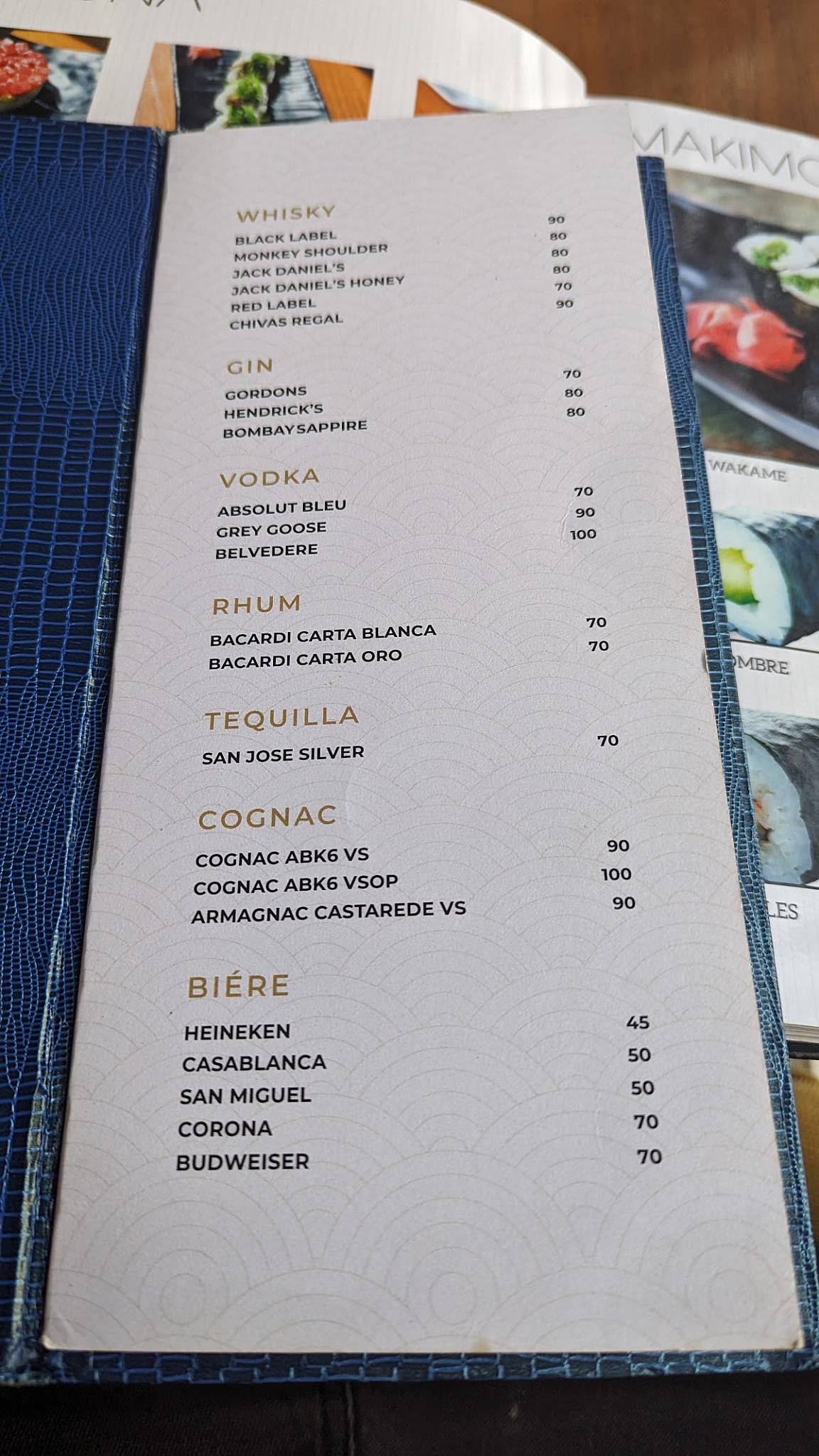Menu au As'iam restaurant, Rabat