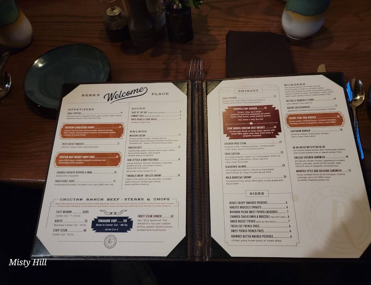 Menu at Reba's Place restaurant, Atoka