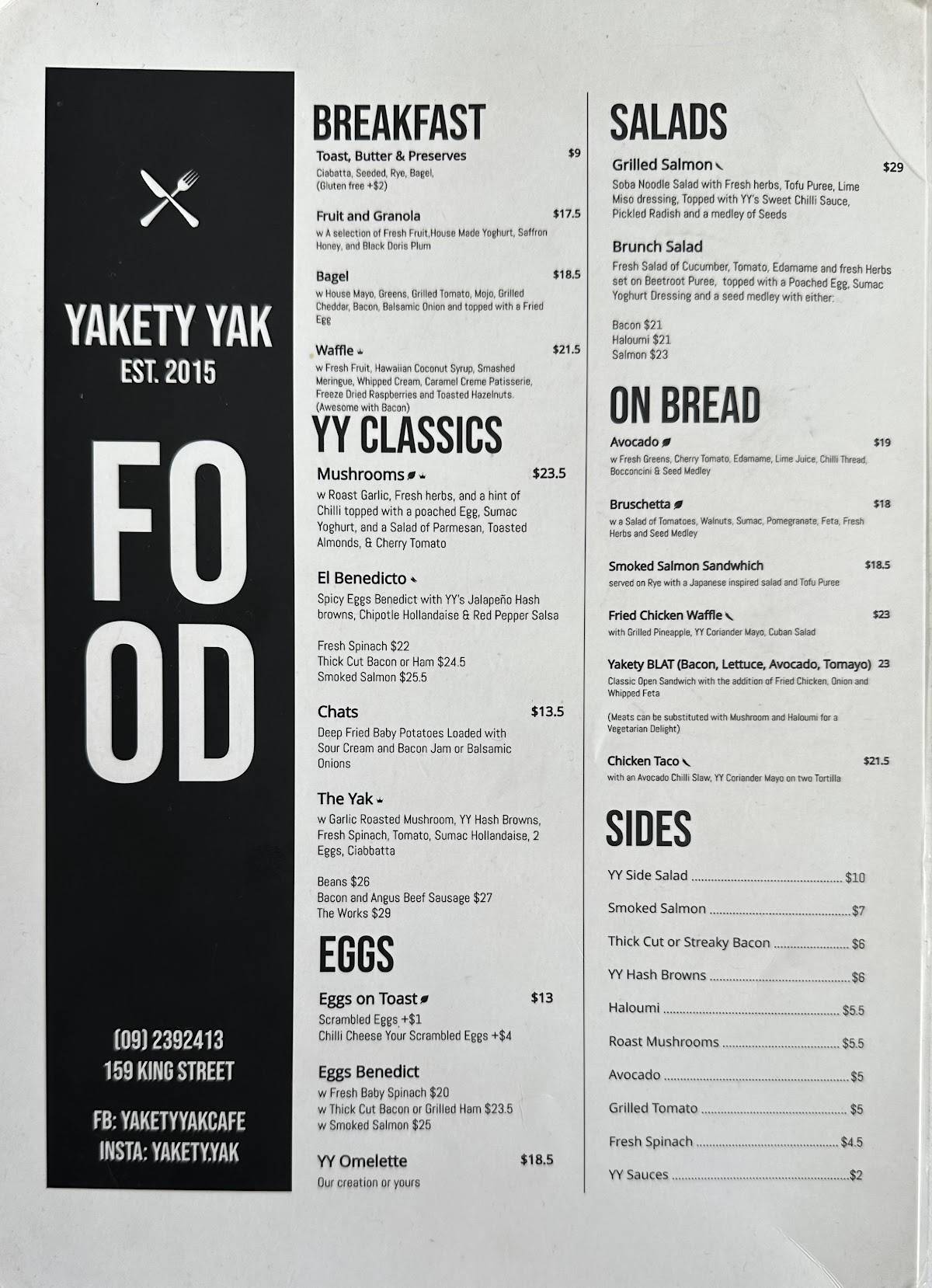 Menu at Yakety Yak cafe, Pukekohe