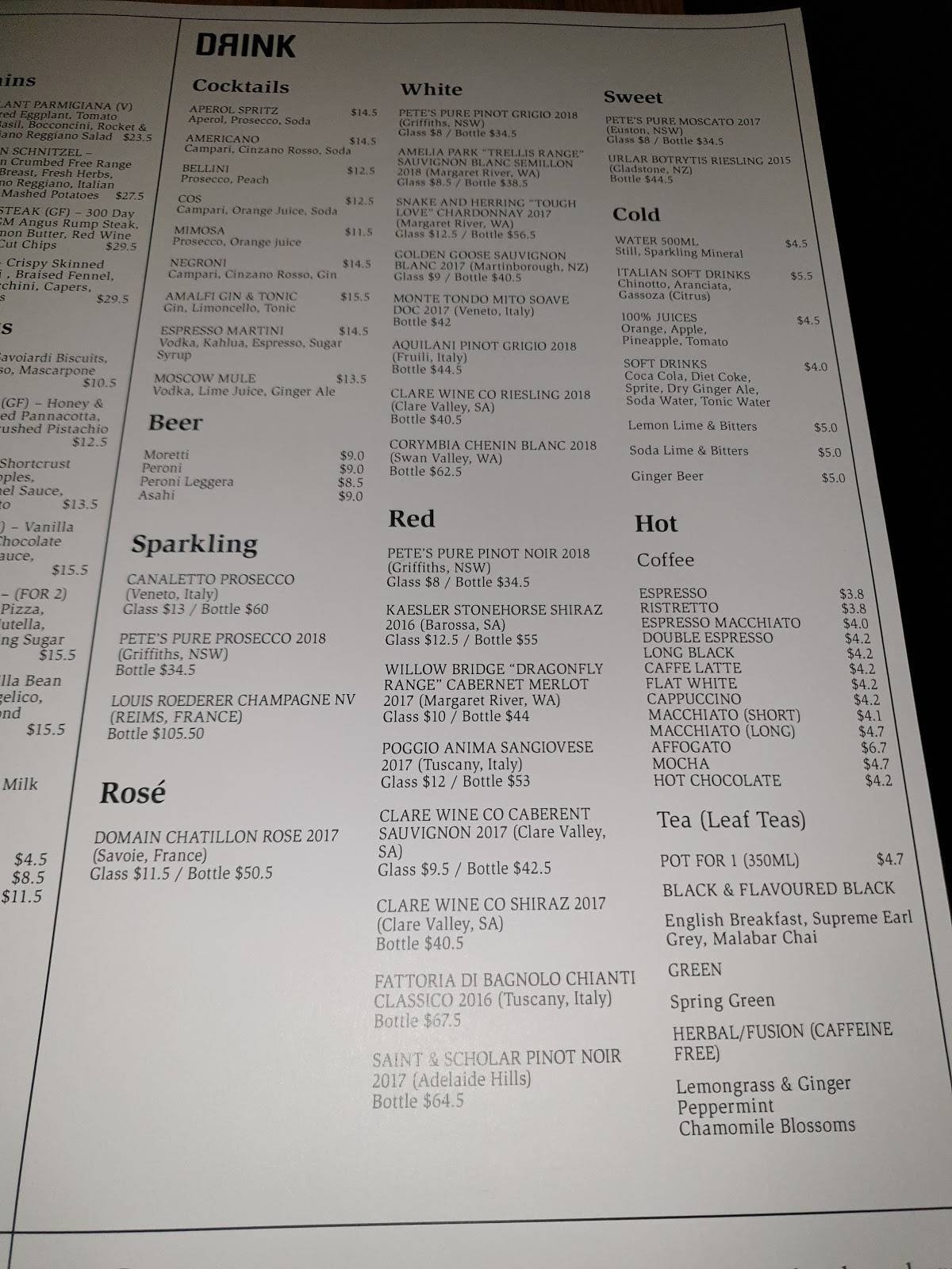 Menu at The Italian on Mends St restaurant, South Perth