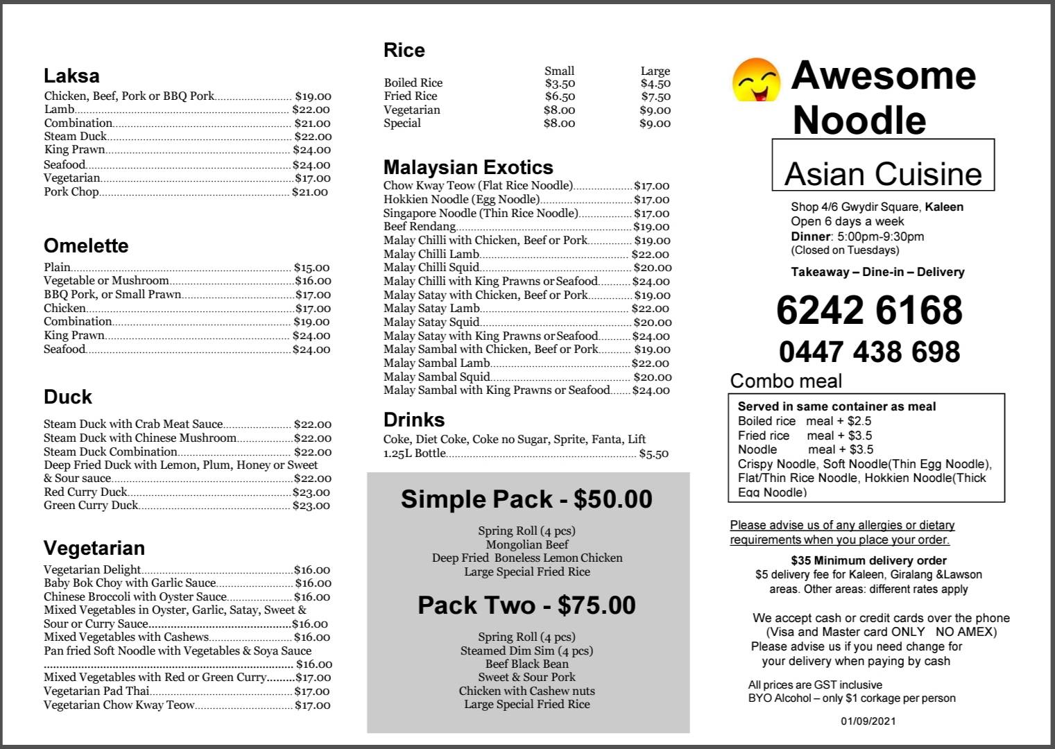 Menu at Awesome Noodle Asian Cusine restaurant, Kaleen