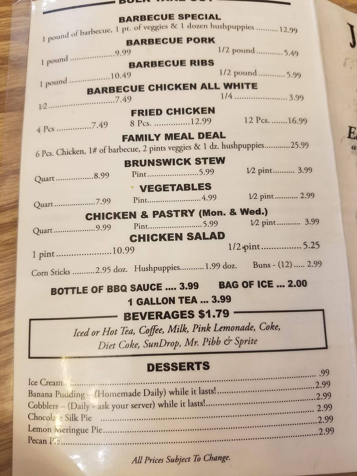 Menu at Jackson's Big Oak Barbecue, Wilmington
