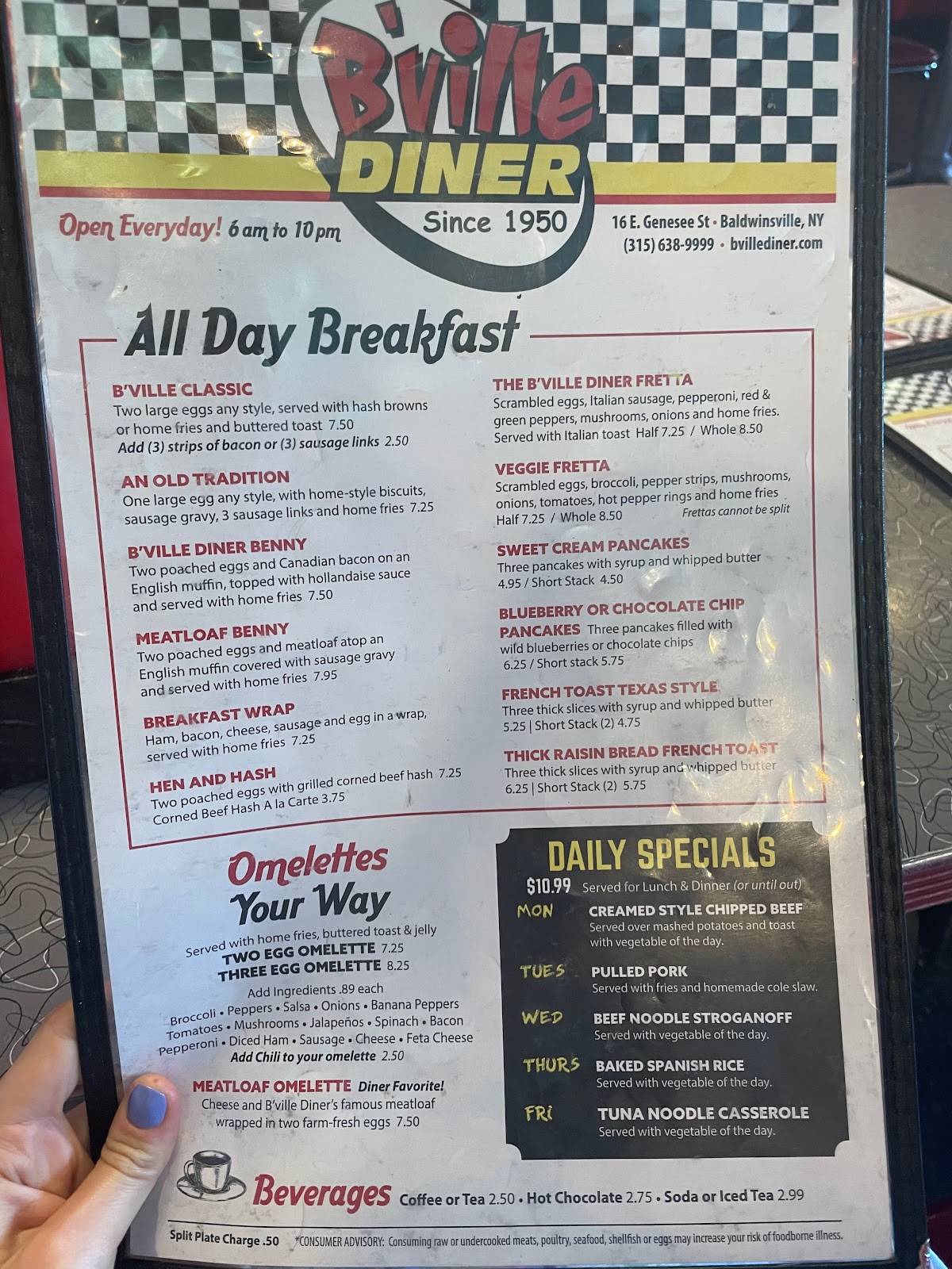 Menu at B'Ville Diner restaurant, Baldwinsville