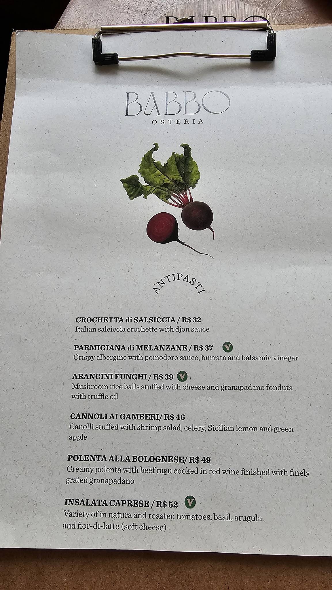 Menu em Babbo Osteria restaurante, Rio de Janeiro