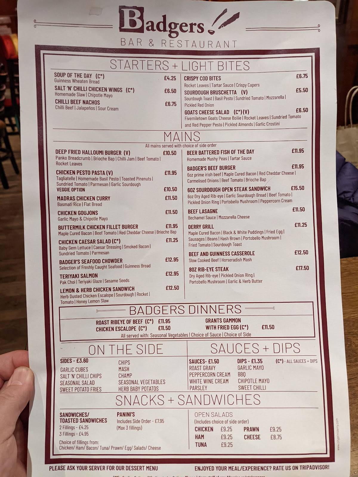 Menu at Badgers Bar and Restaurant, Londonderry