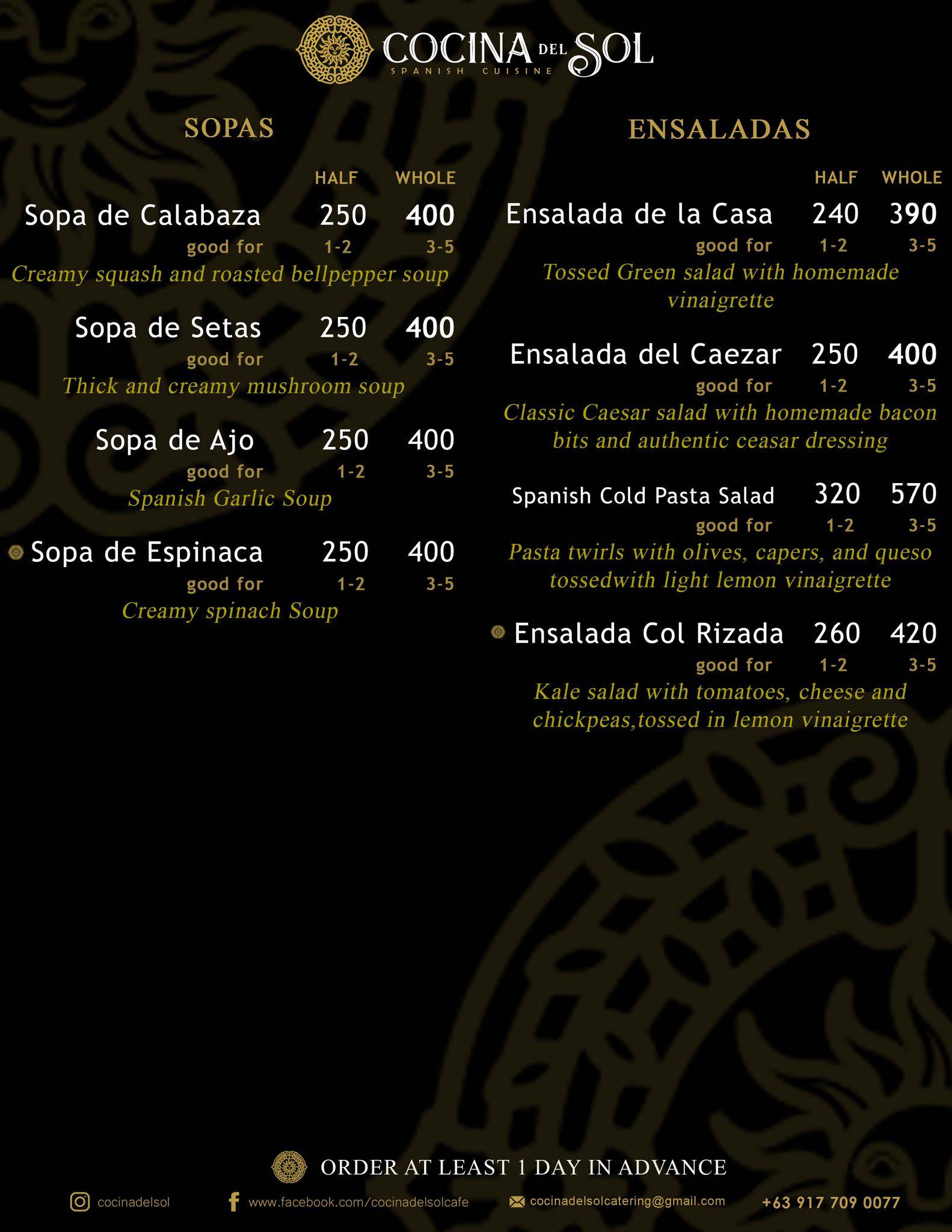 Menu at Cocina del Sol restaurant, Baguio