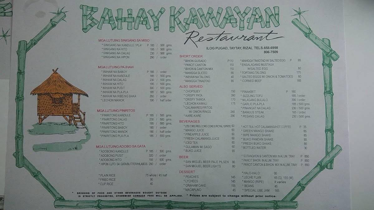 Menu at Bahay Kawayan Restaurant, Taytay, H43Q+CFV