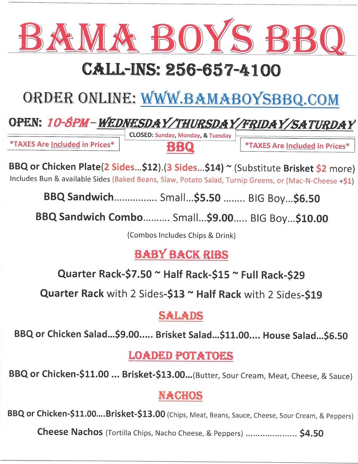 Menu at Bama Boys BBQ, Henagar