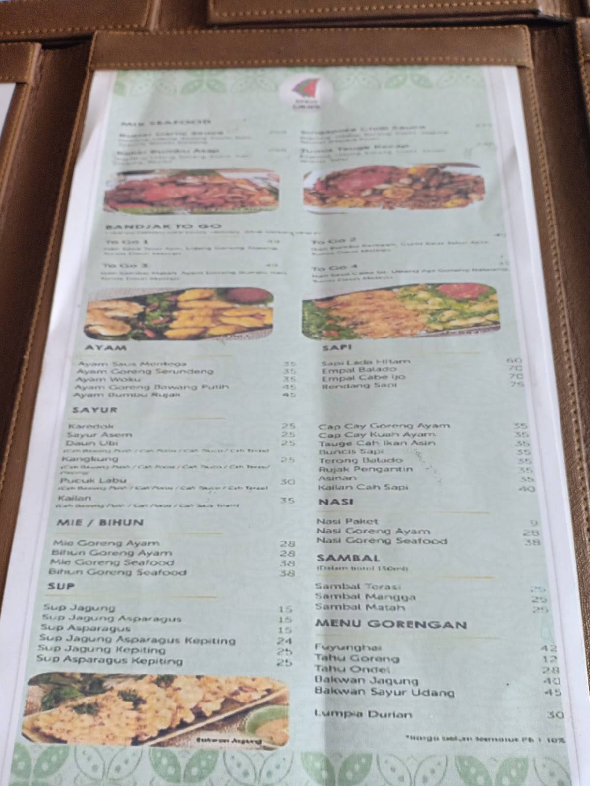 Menu at Bandar Djakarta restaurant, Jakarta, Jl. Pantai Indah No.7