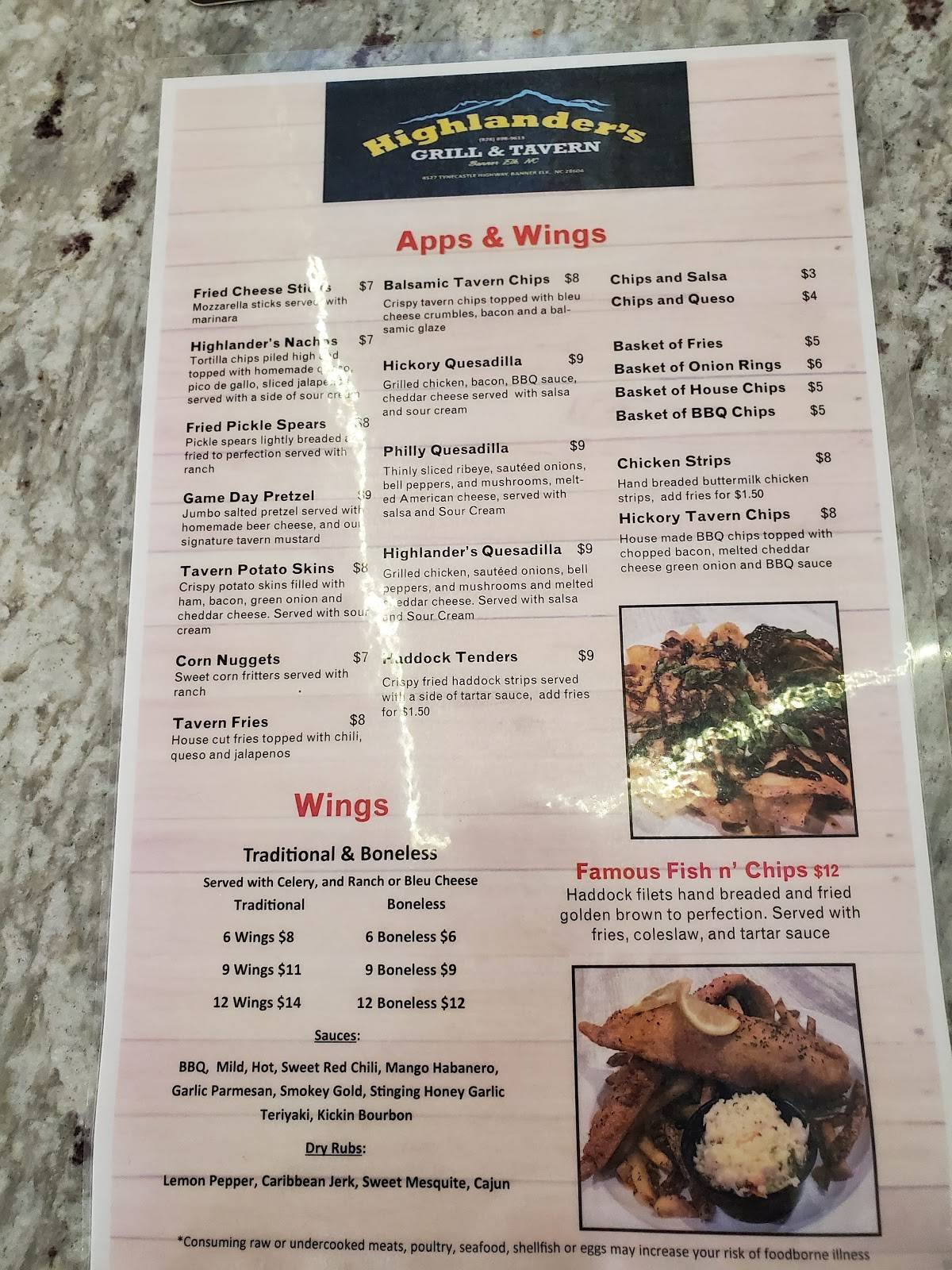 Menu at Highlanders Grill And Tavern pub & bar, Banner Elk