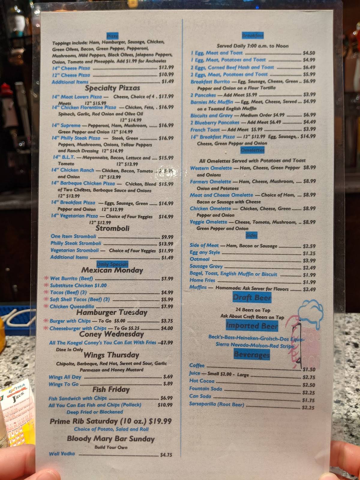 Menu at Barnacle Bill's, East Tawas