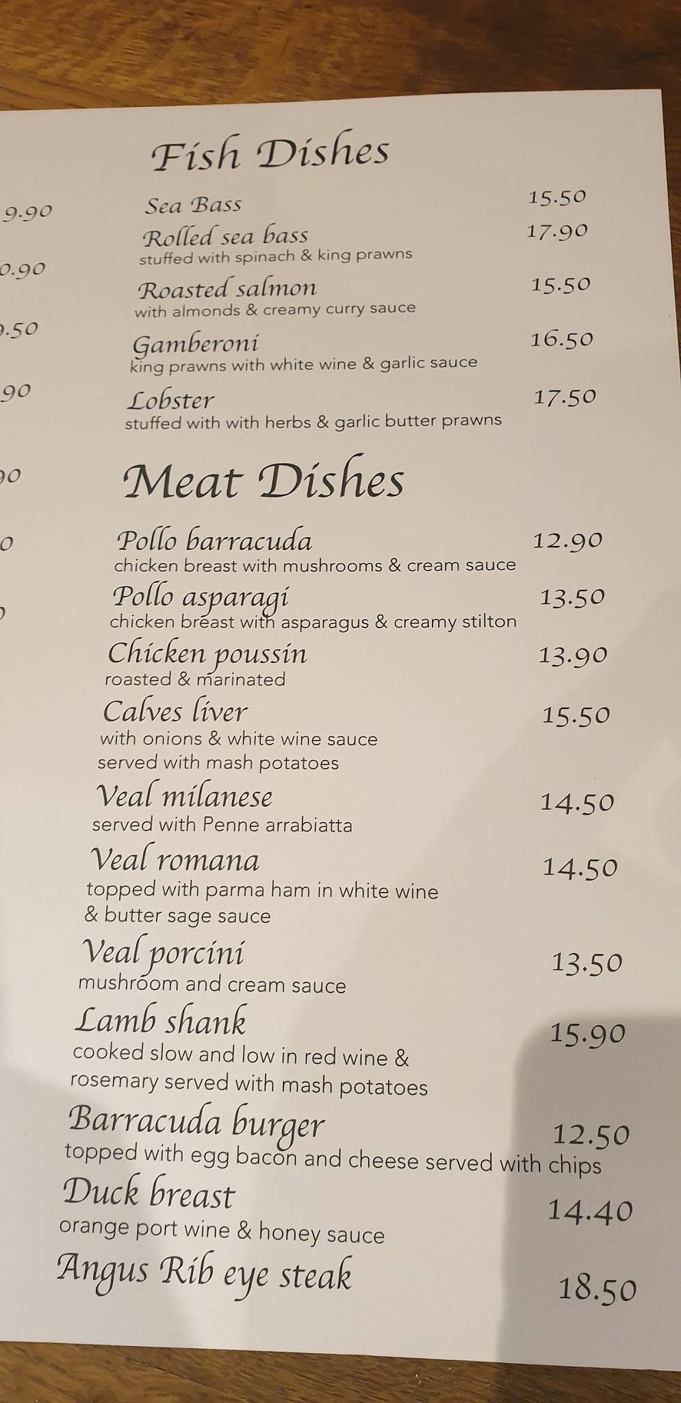 Menu at Barracuda Restaurant, Amersham