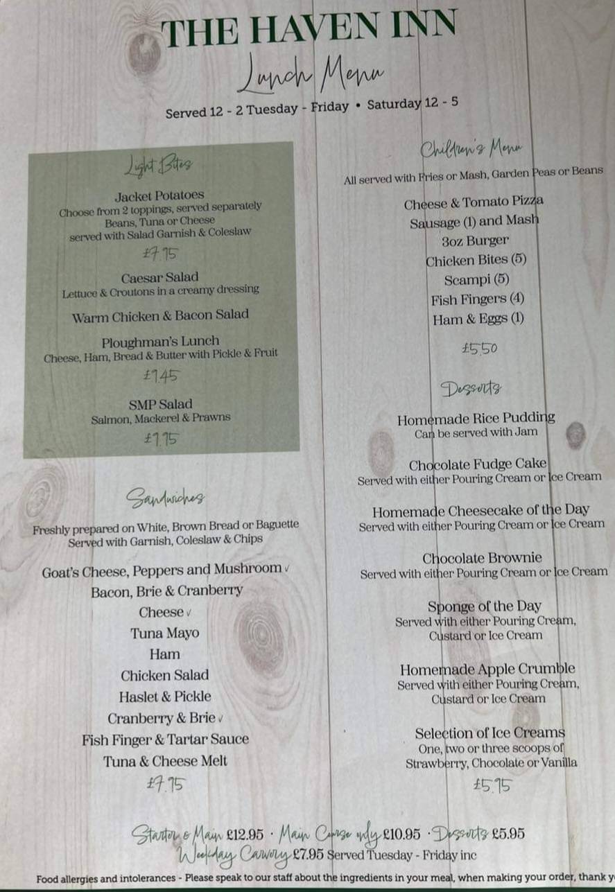 Menu at Haven Inn pub & bar, Barrow upon Humber