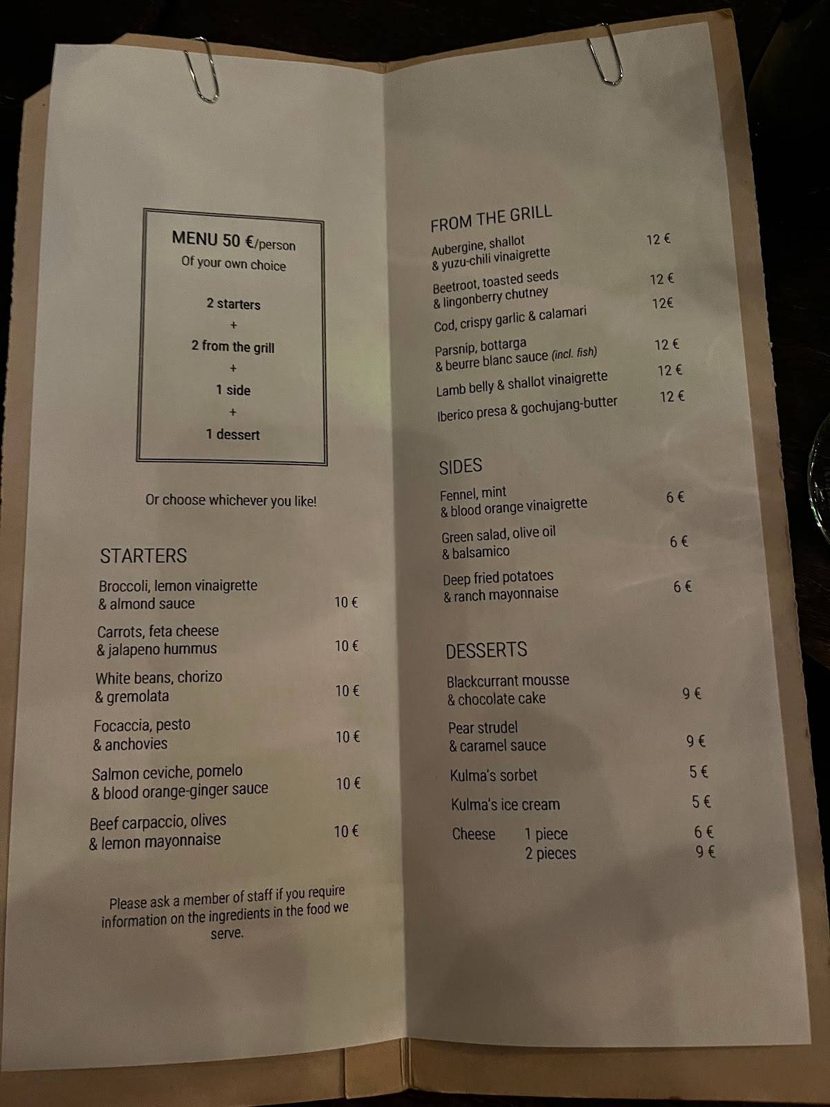 Menu at Baskeri & Basso restaurant, Helsinki