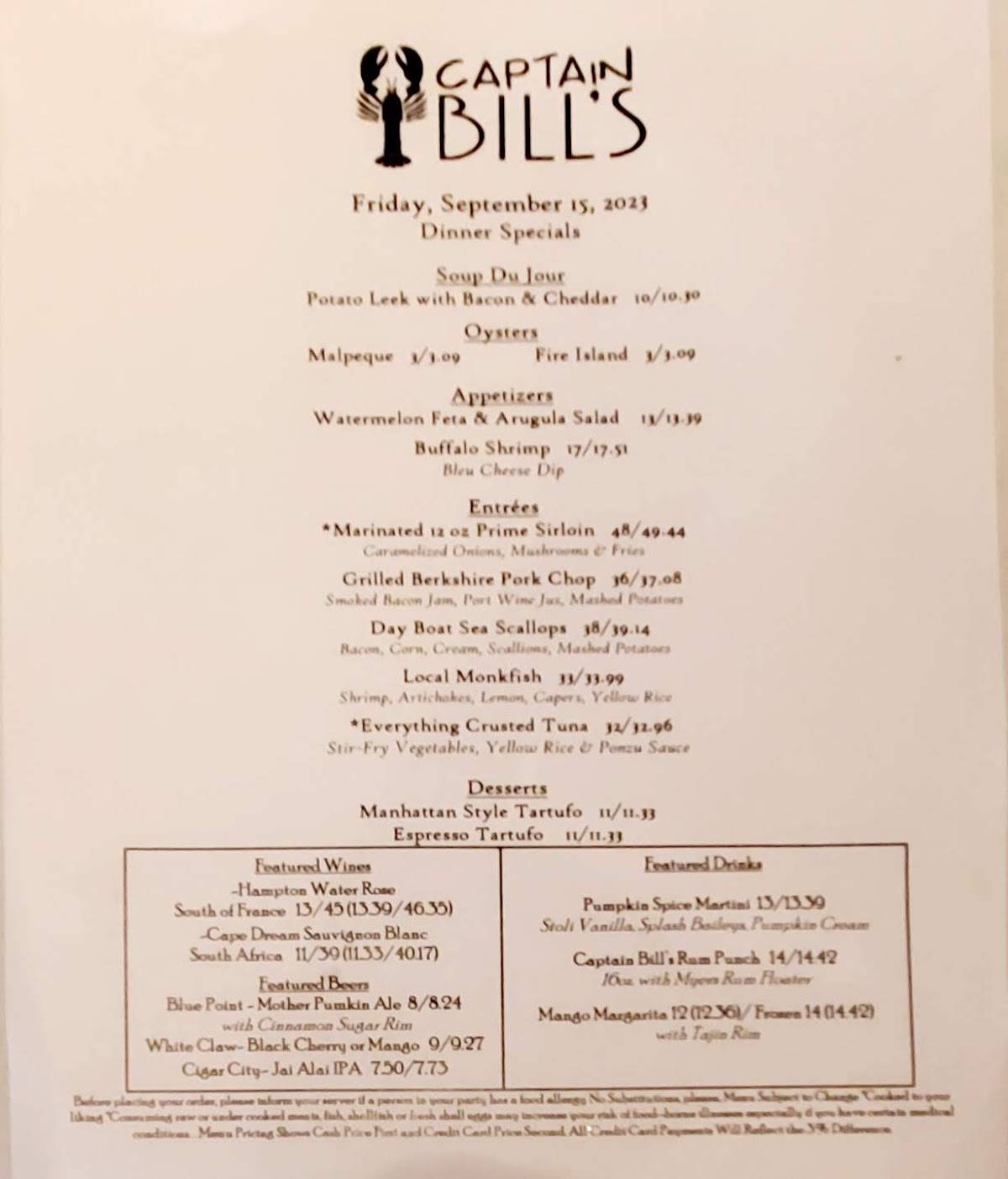Menu at Captain Bills Restaurant & Catering, Bay Shore