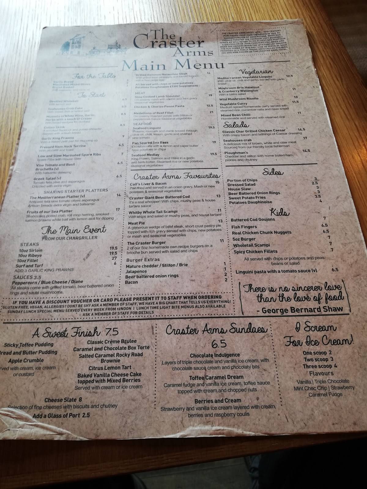 Menu at The Craster Arms restaurant, Beadnell