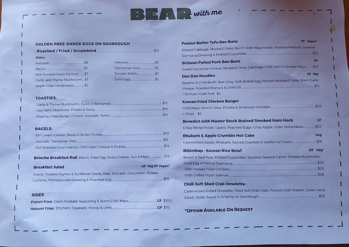 Menu at Bear With Me cafe, South Hobart