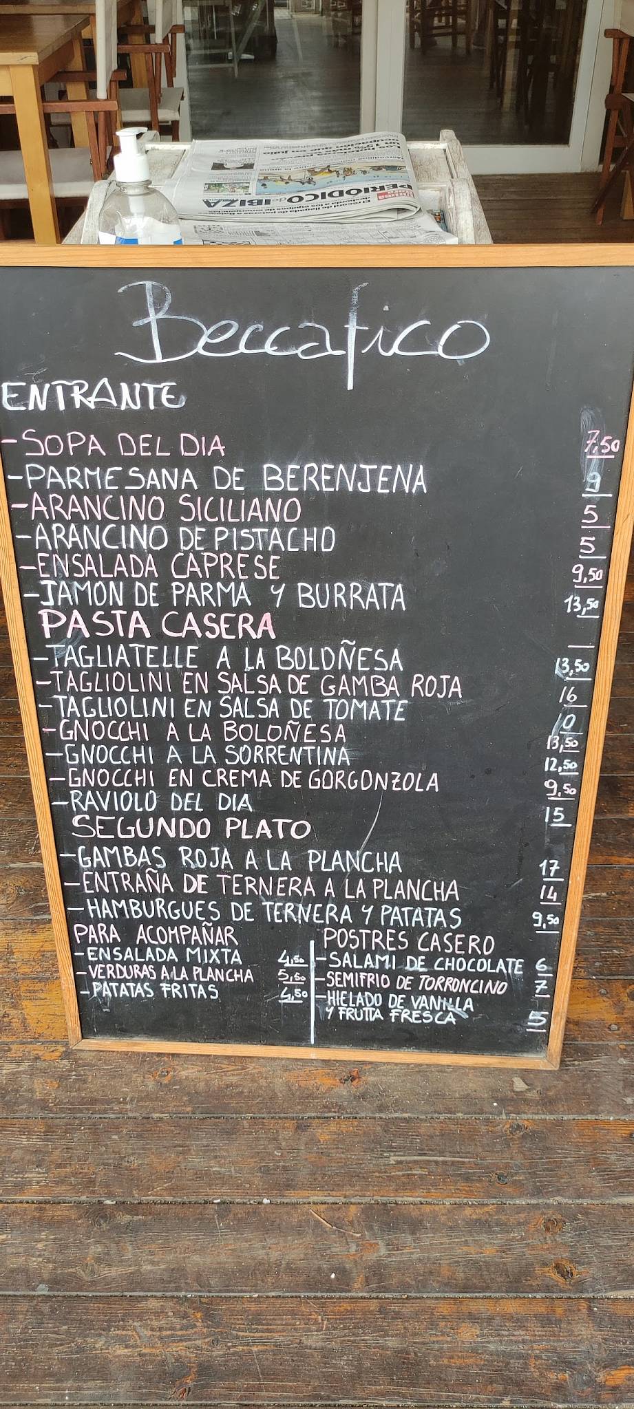 Menu at Beccafico restaurant, Ibiza