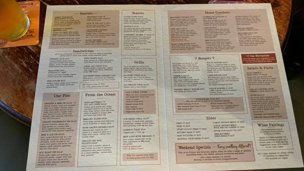 Menu at Bell Harborne pub & bar, Birmingham