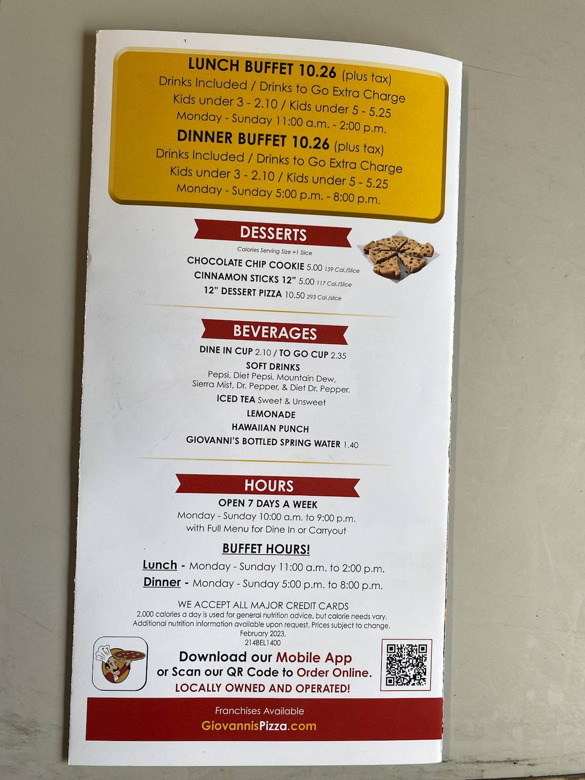 Menu at Giovanni's Pizza pizzeria, Belpre