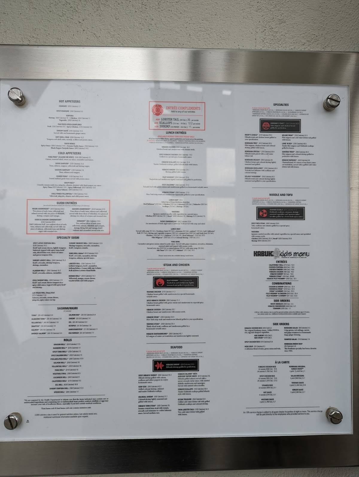 Menu at Benihana restaurant, Burlingame, Old Bayshore Hwy