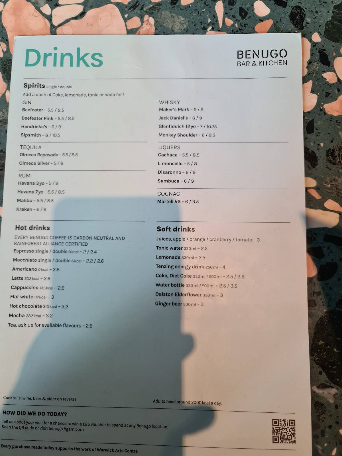 Menu at Benugo Bar & Kitchen at Warwick Arts Centre, Coventry
