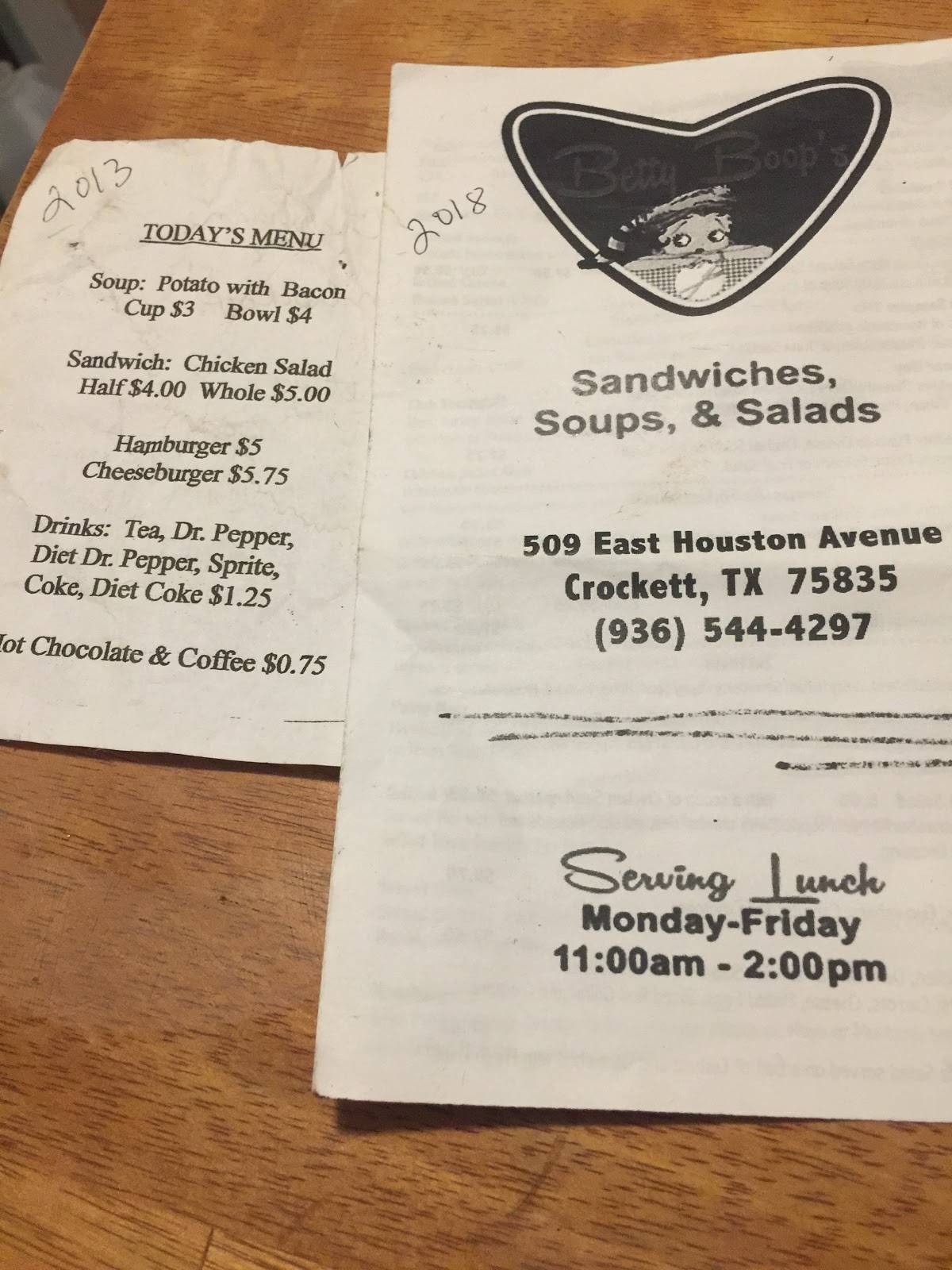 Menu at Betty Boop's Sandwich & Soup cafe, Crockett, 115 S 4th St