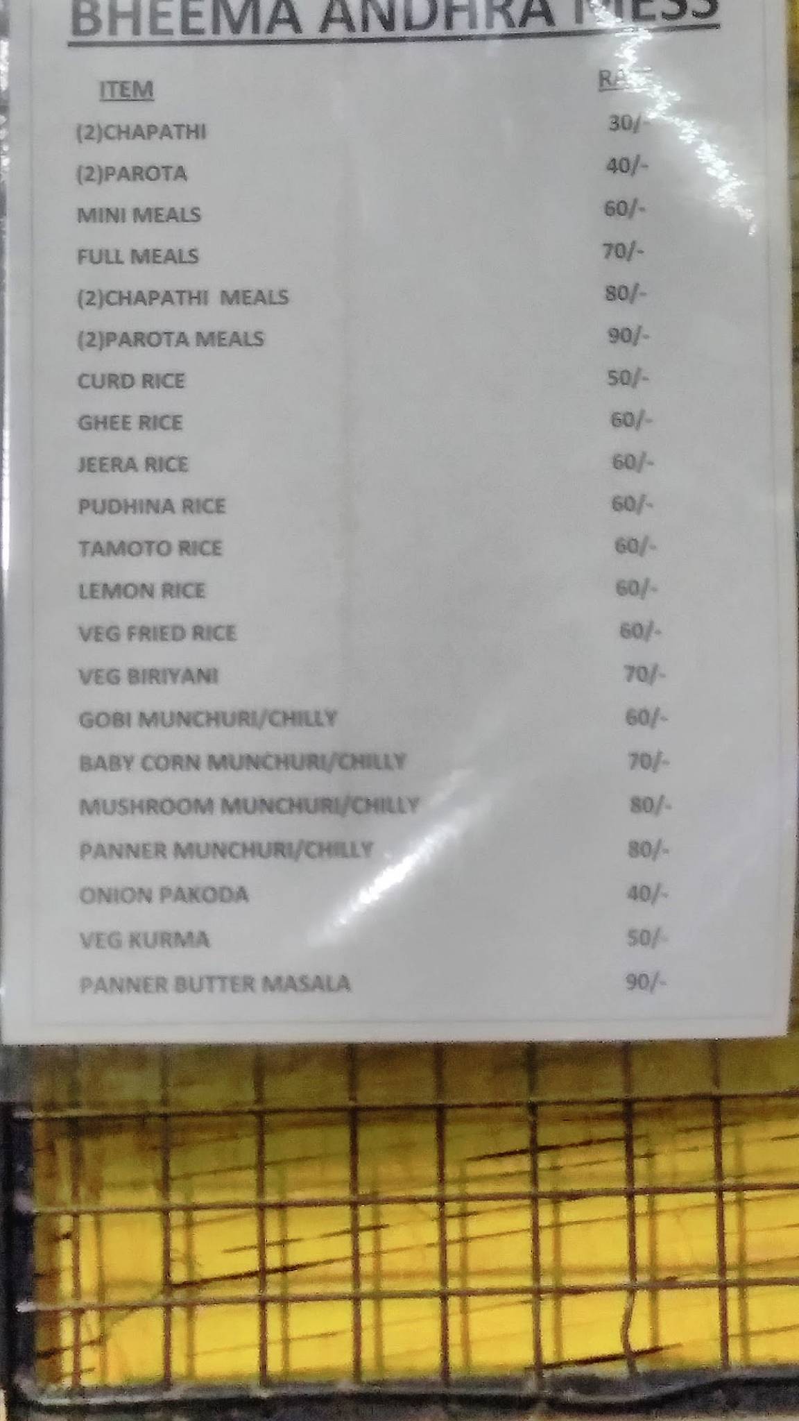 Menu at Bheema Andhra Mess, Bengaluru